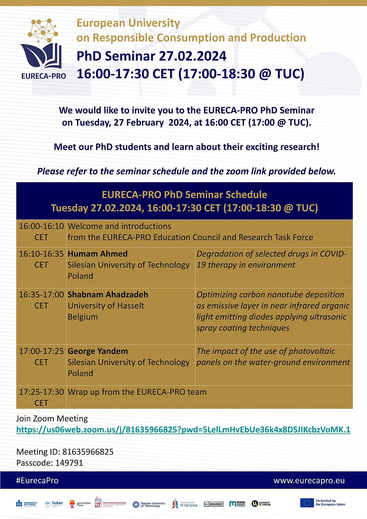 EURECA-PRO Online PhD Seminar, Tuesday 27.02.2024, 17:00-18:30 (TUC ...